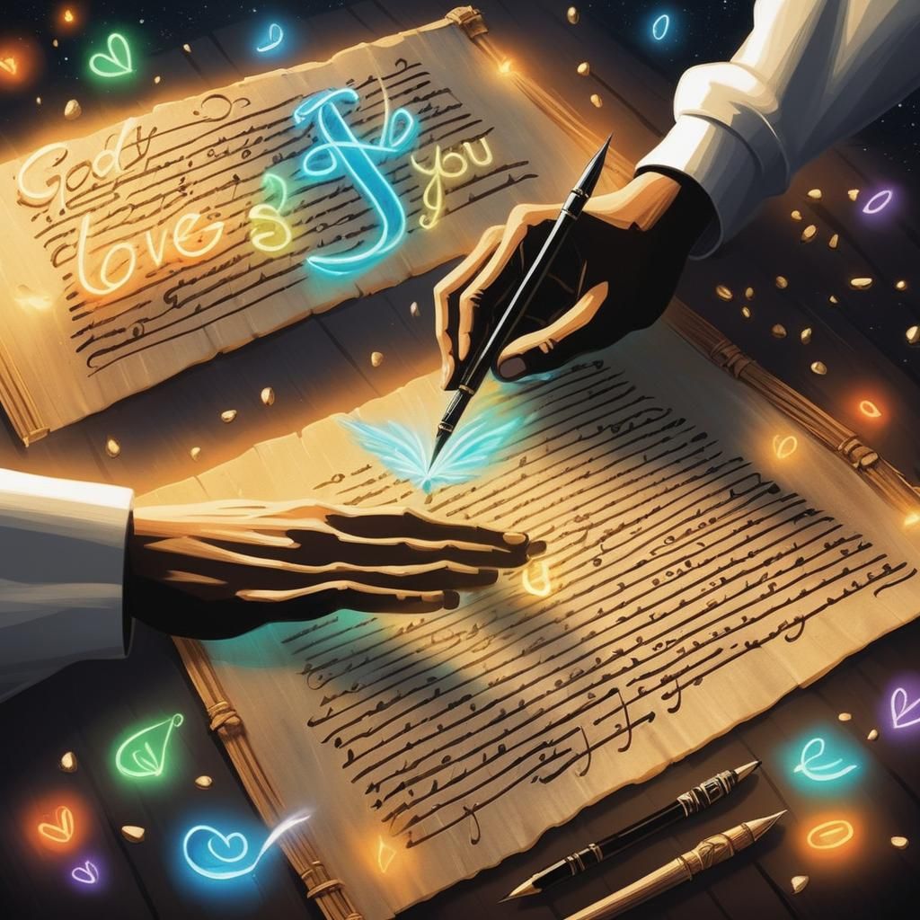 you can read "God loves you" in elaborate cursive font on a papyrus. a ...