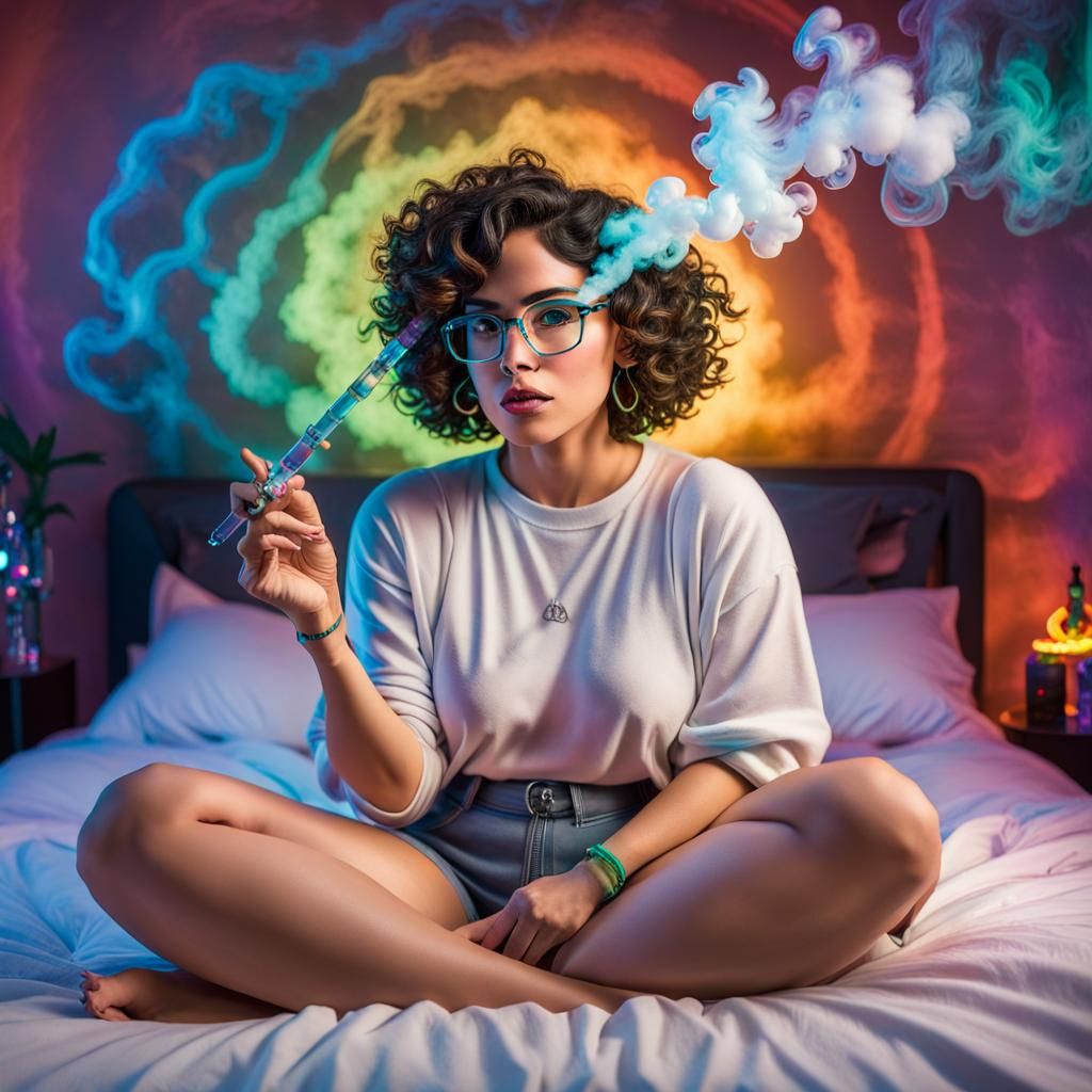 heavy latina female wearing glasses with short curly hair sitting on ...