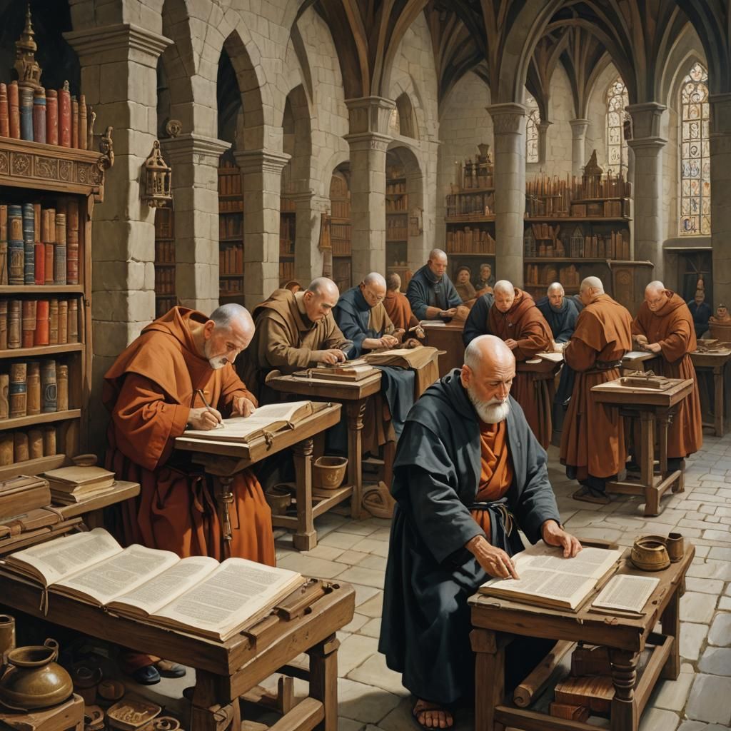 book and scroll-filled medieval scriptorium monks at work | oil ...