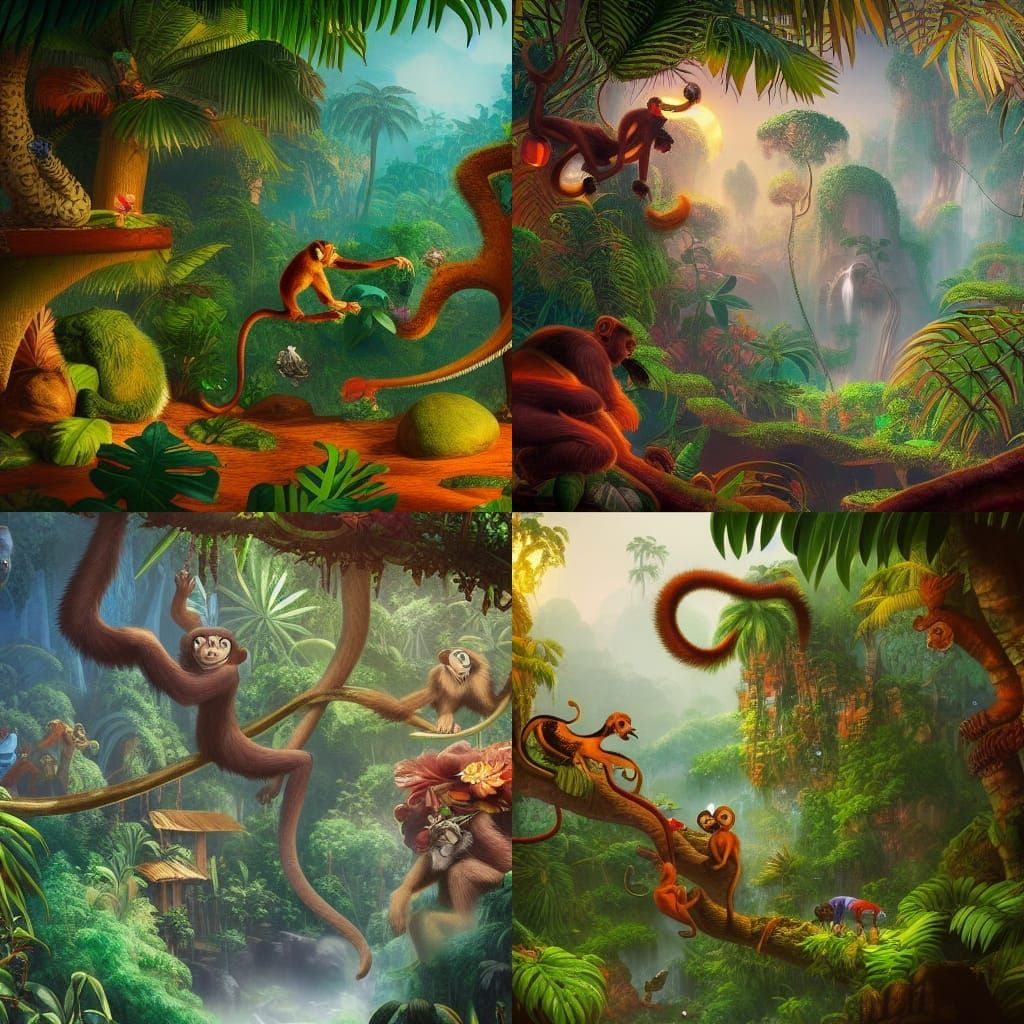 a cartoonish jungle with monkeys and other animals on a book page - AI ...