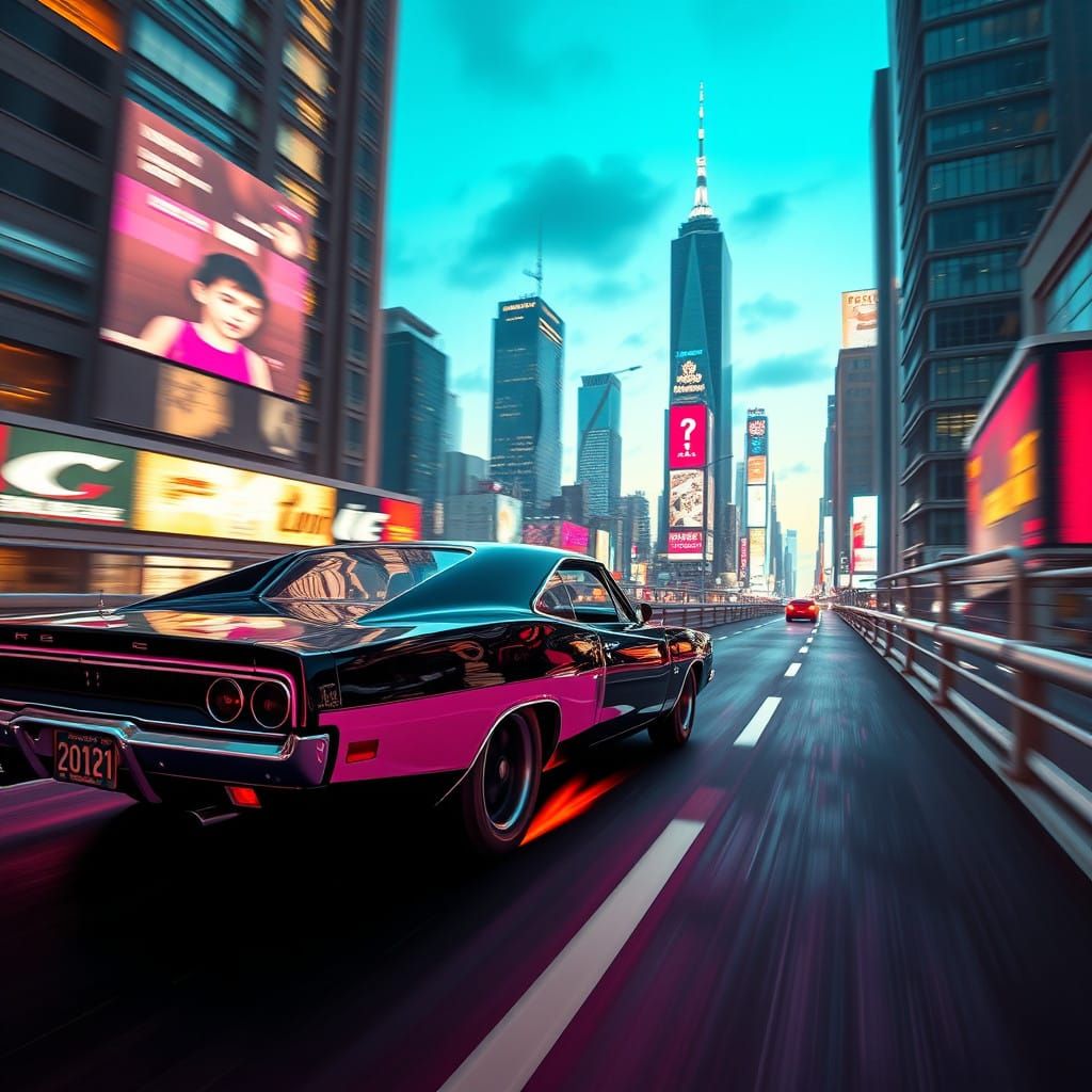 Cyberpunk Dodge Charger Soars Through Futuristic C... - AI Art