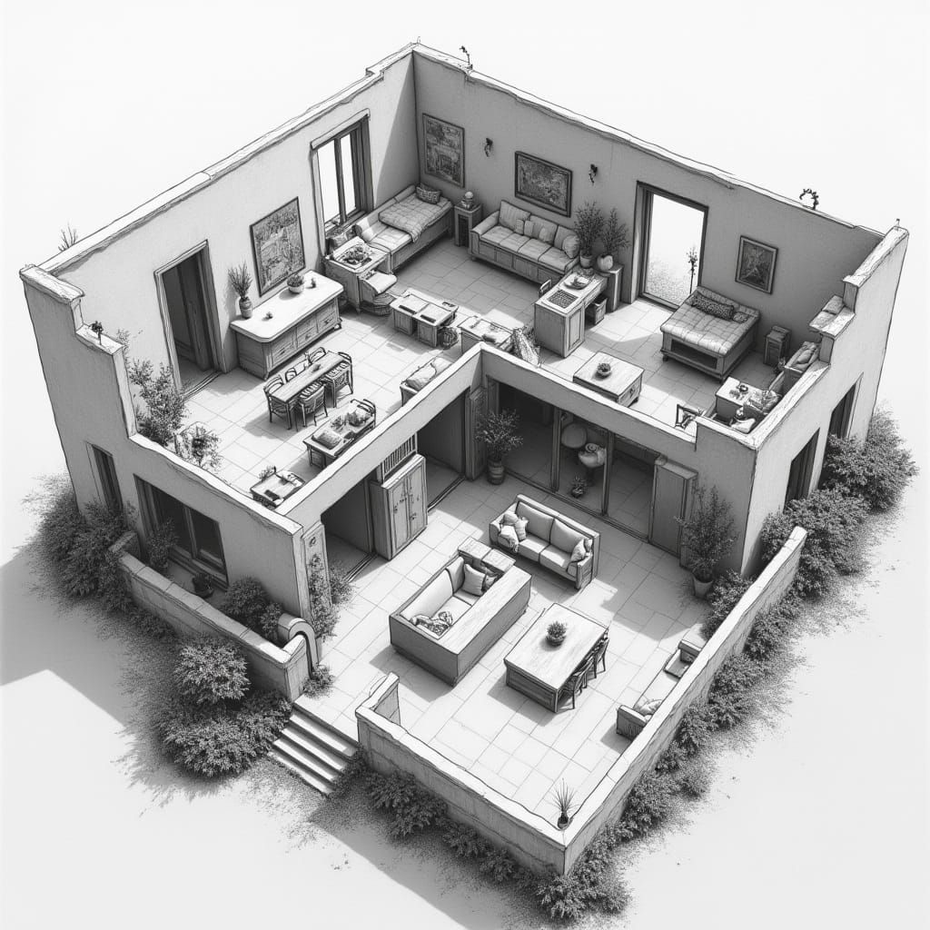 House perspective - Hyperdetailed Charcoal Drawing of a 4-Be...