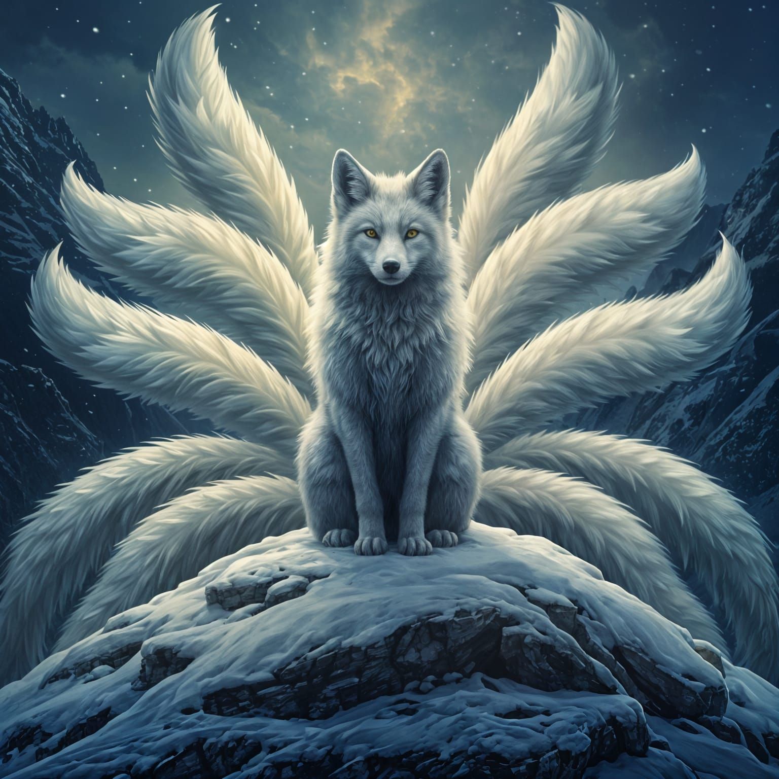 Kitsune - Ethereal Fantasy Kitsune Goddess in Snowy Mountain...