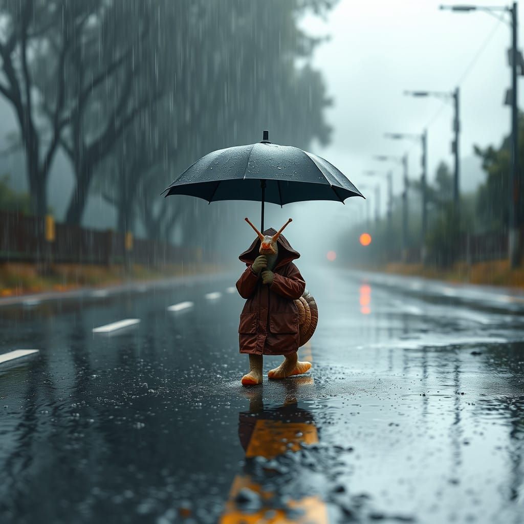 Snail in Raincoat Walks on Rainy Road in Hyper-Rea... - AI Art