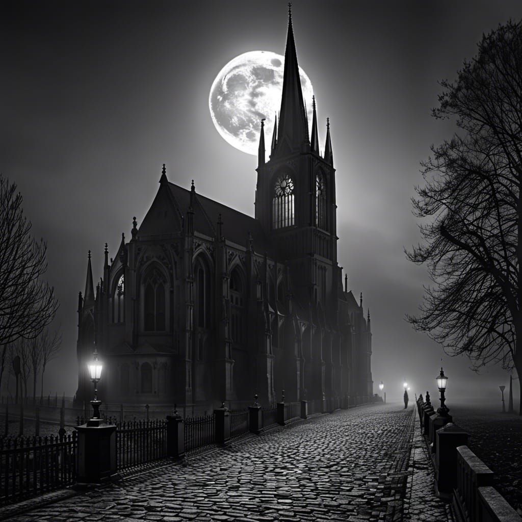 Black and white Creepy scary Gothic cathedral at night with full ...