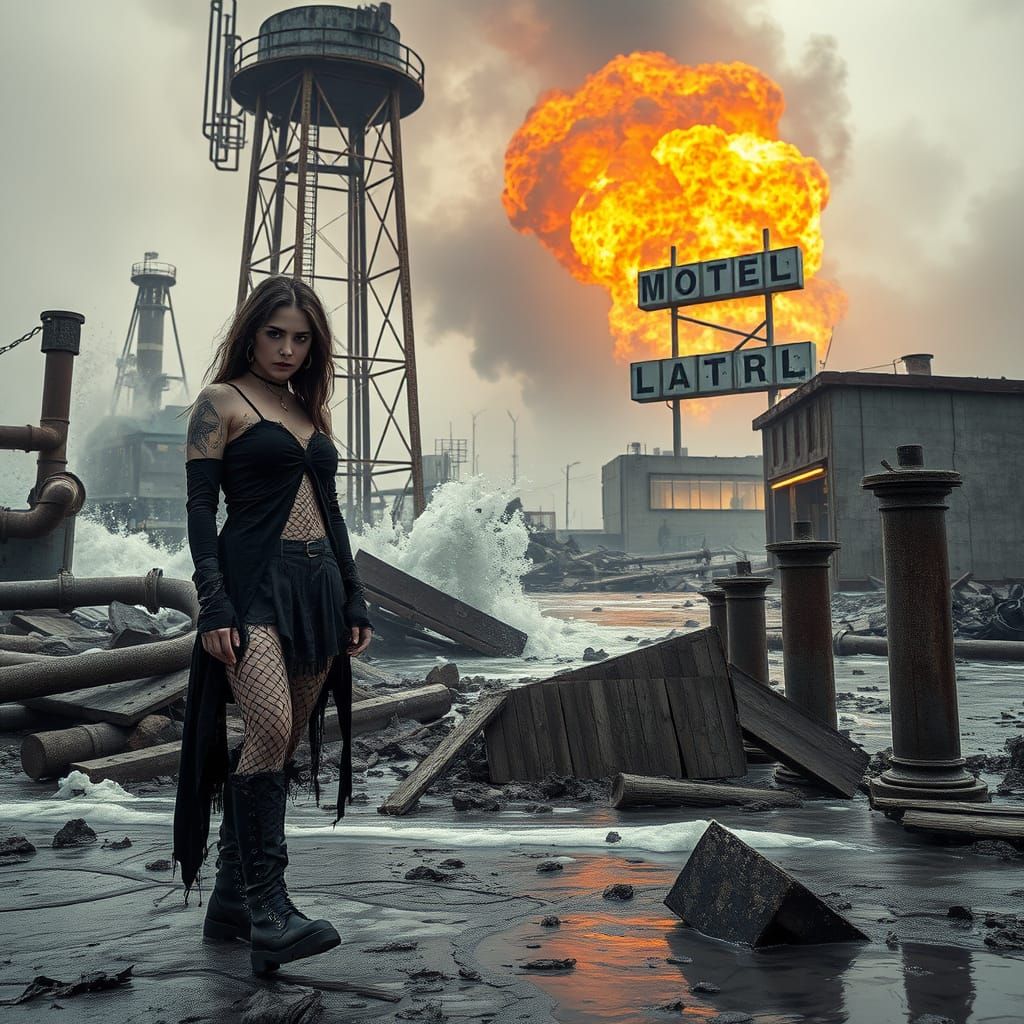 Goth Model Amidst Dystopian Ruins, Tidal Waves, an... - AI Art