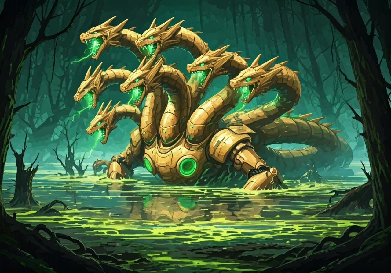 Golden Mechanical Hydra Emerges from Toxic Swamp - AI Art