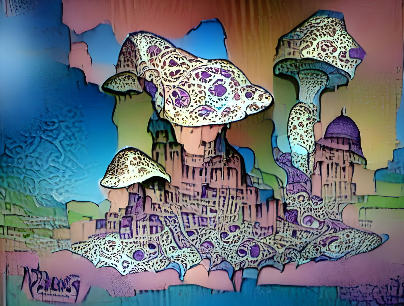 Moebius Damask Mushroom City Psychedelic III - AI Generated Artwork ...