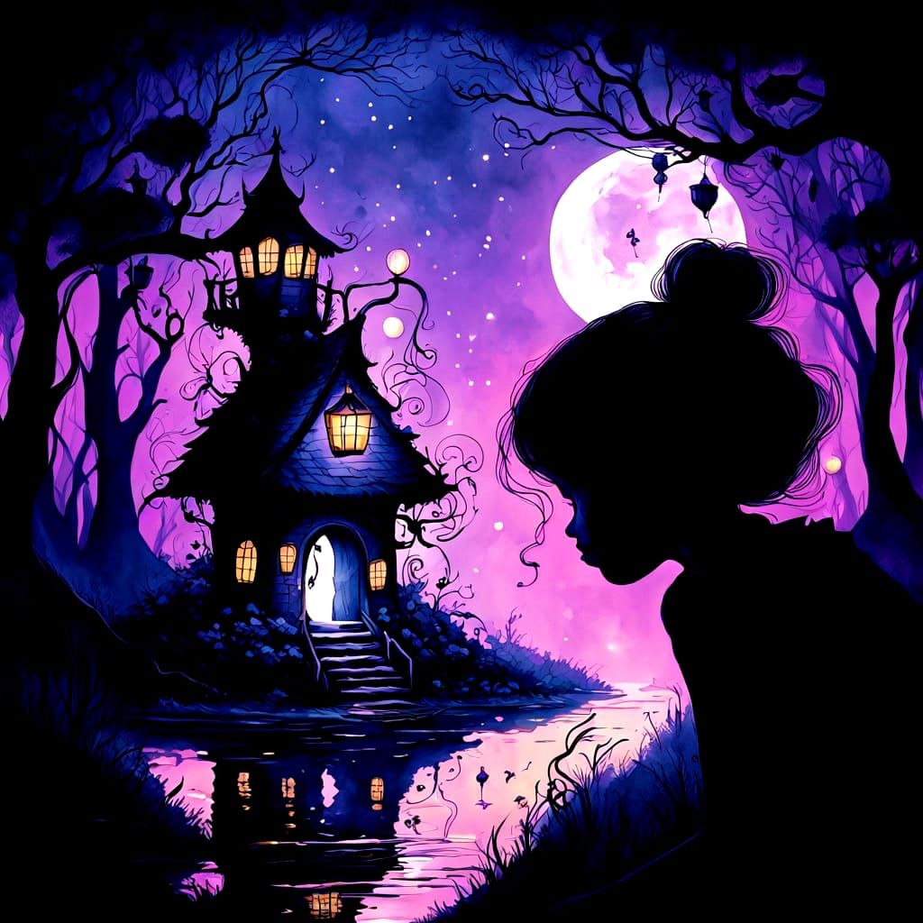 Fantasy fairy house, enchanted forest, by arthur rackham