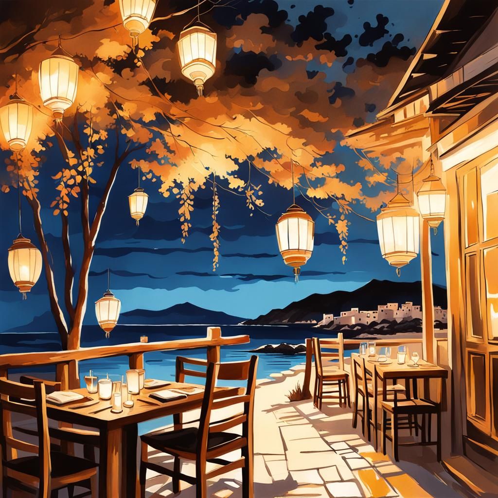 Greek island seaside taverna at night - AI Generated Artwork ...
