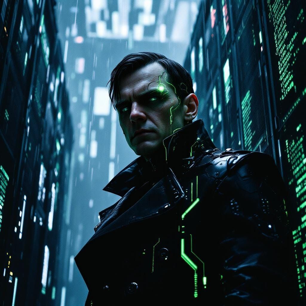 Cyberpunk Alan Turing with Digital Rain - AI Art