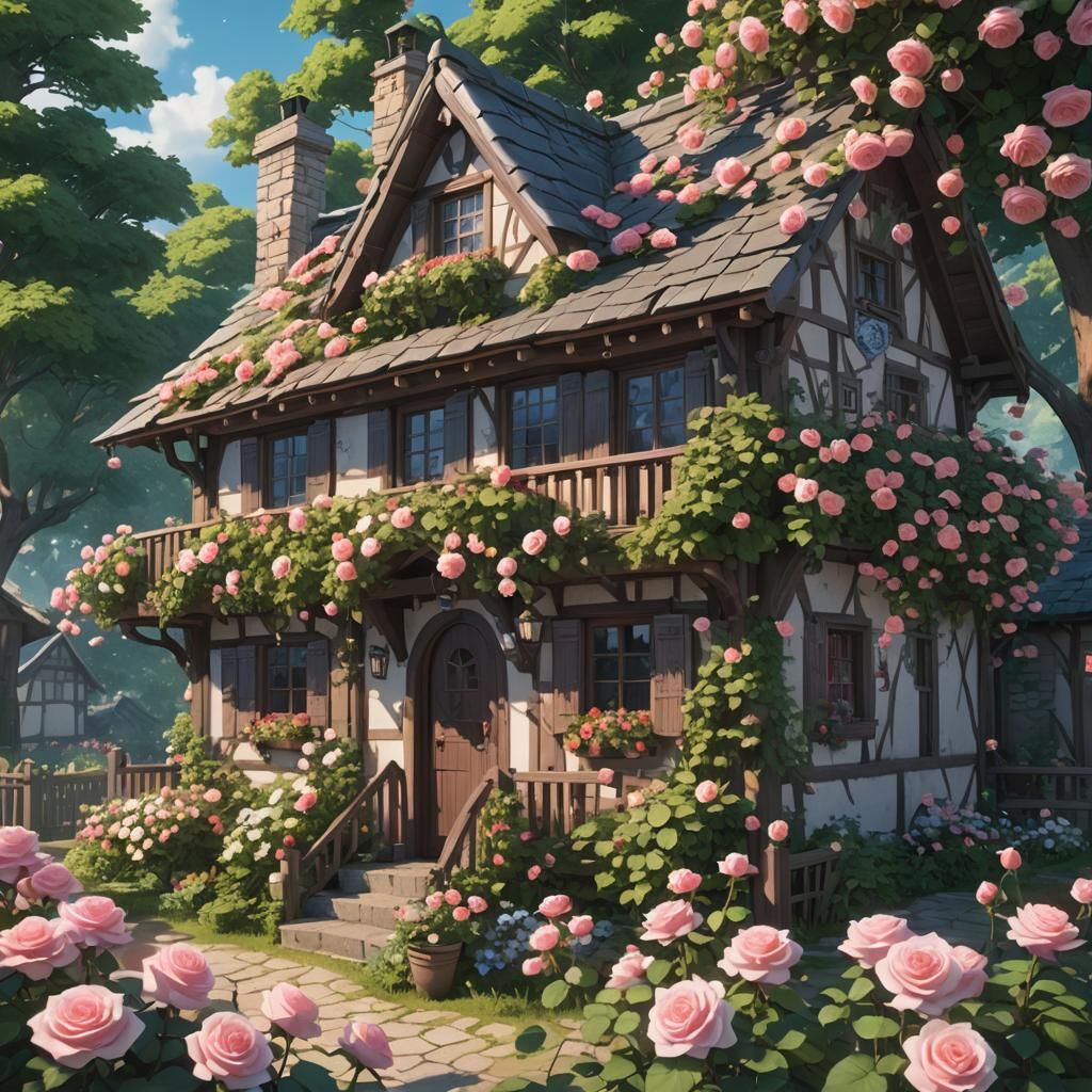 a rose covered cottage By artist "anime", 3d anime art, inspired by ...