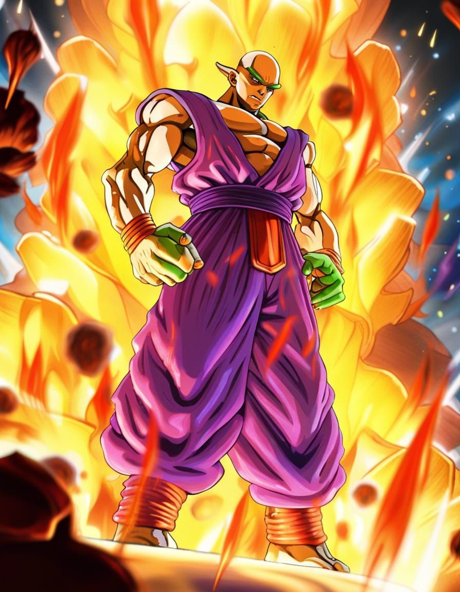 A massive GODLY Orange Piccolo with orange flame aura surrounding him ...
