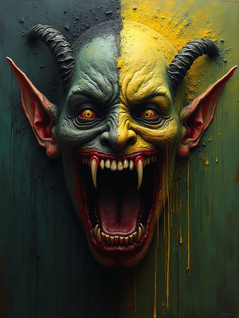 Scary - Distorted Demon Face in Dark, Gothic Oil Painting