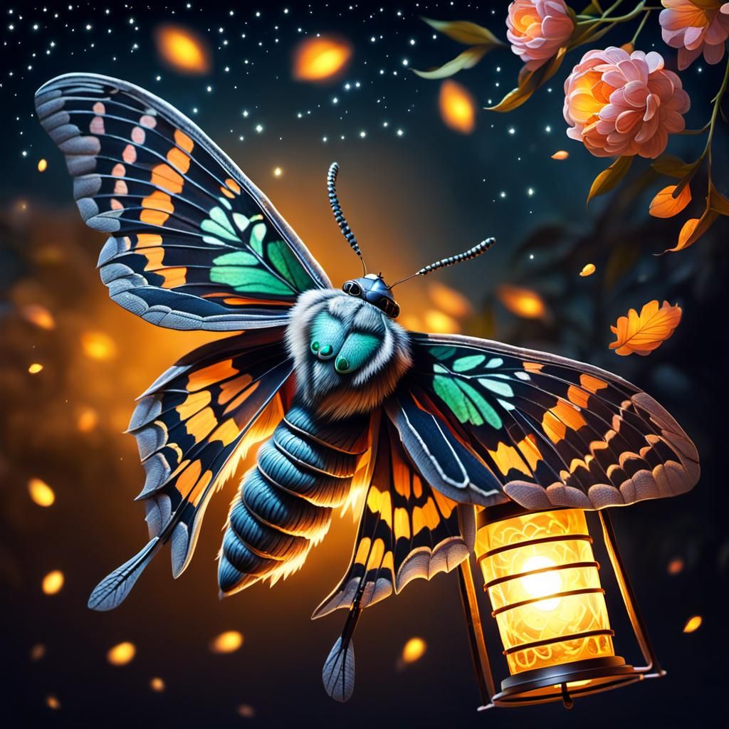 Beautiful moth flying to a beautiful lantern glowing in the night - AI ...
