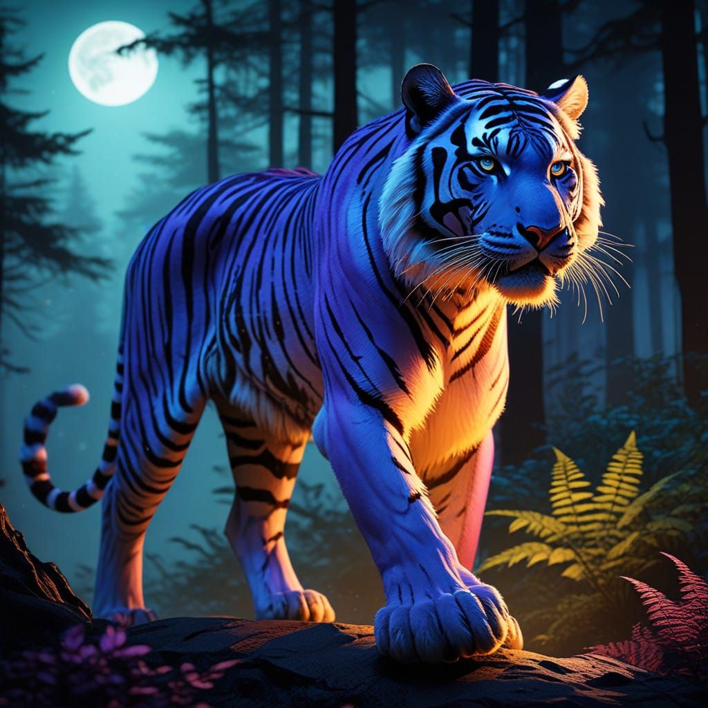 Electric Blue Tiger Stalks Prey Under Moonlit Fore... - AI Art
