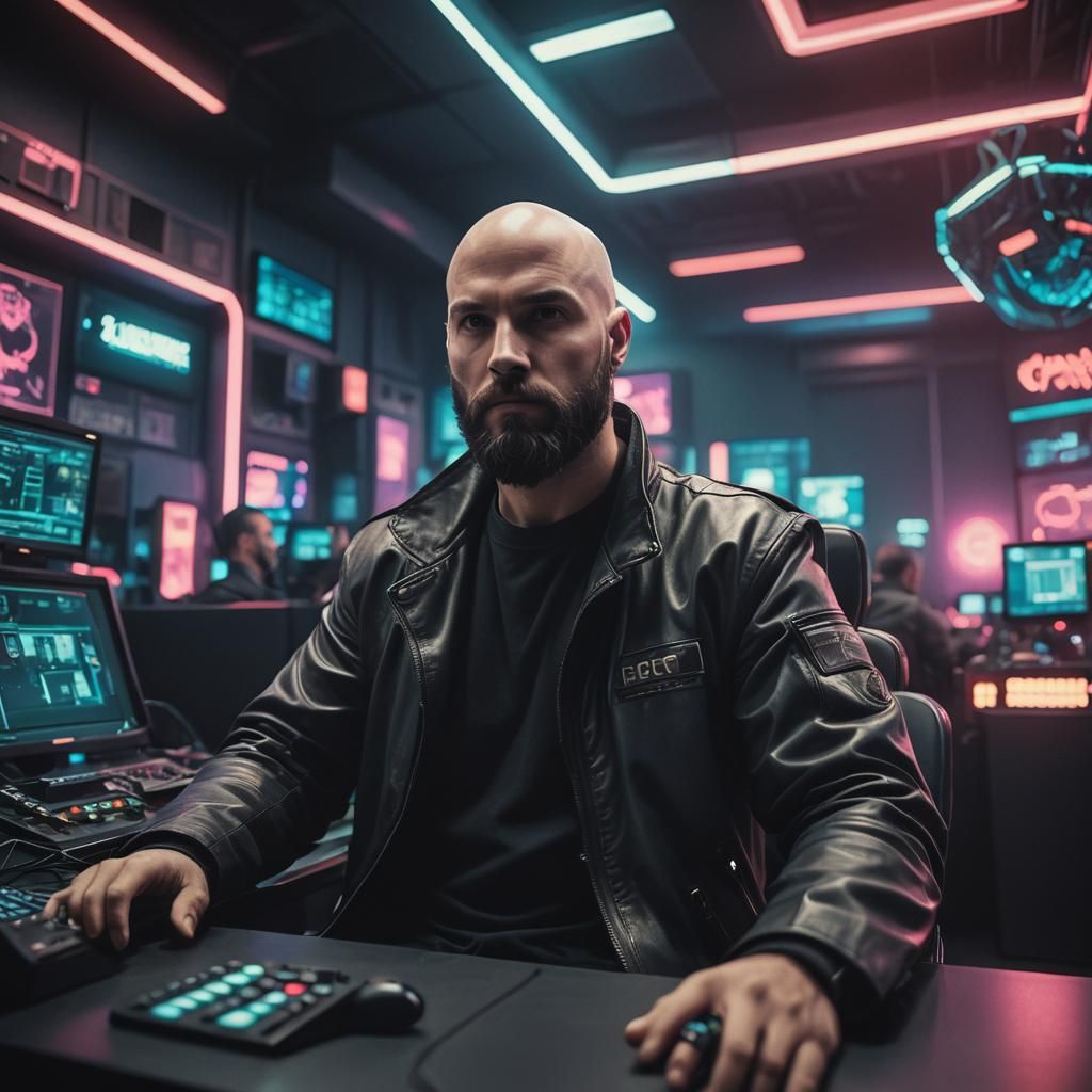 A young bald man with a beard in a cybercafe, futuristic, cyberpunk ...