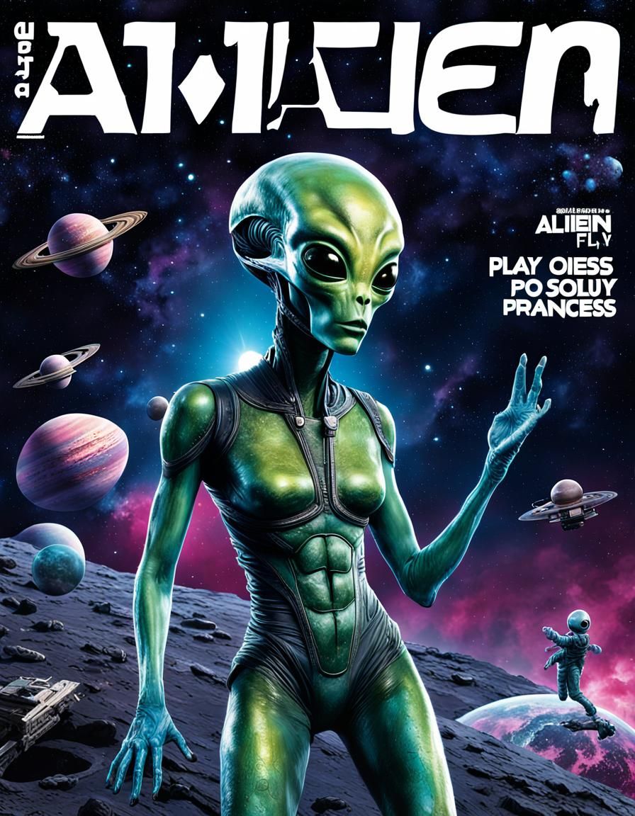 as a cover magazine called "Play Alien", sign with writing: 'Play Alien ...