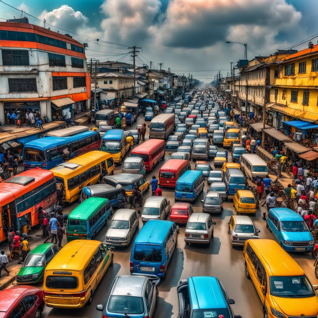The chaotic traffic in Lagos during rush hour, with cars, buses, and ...