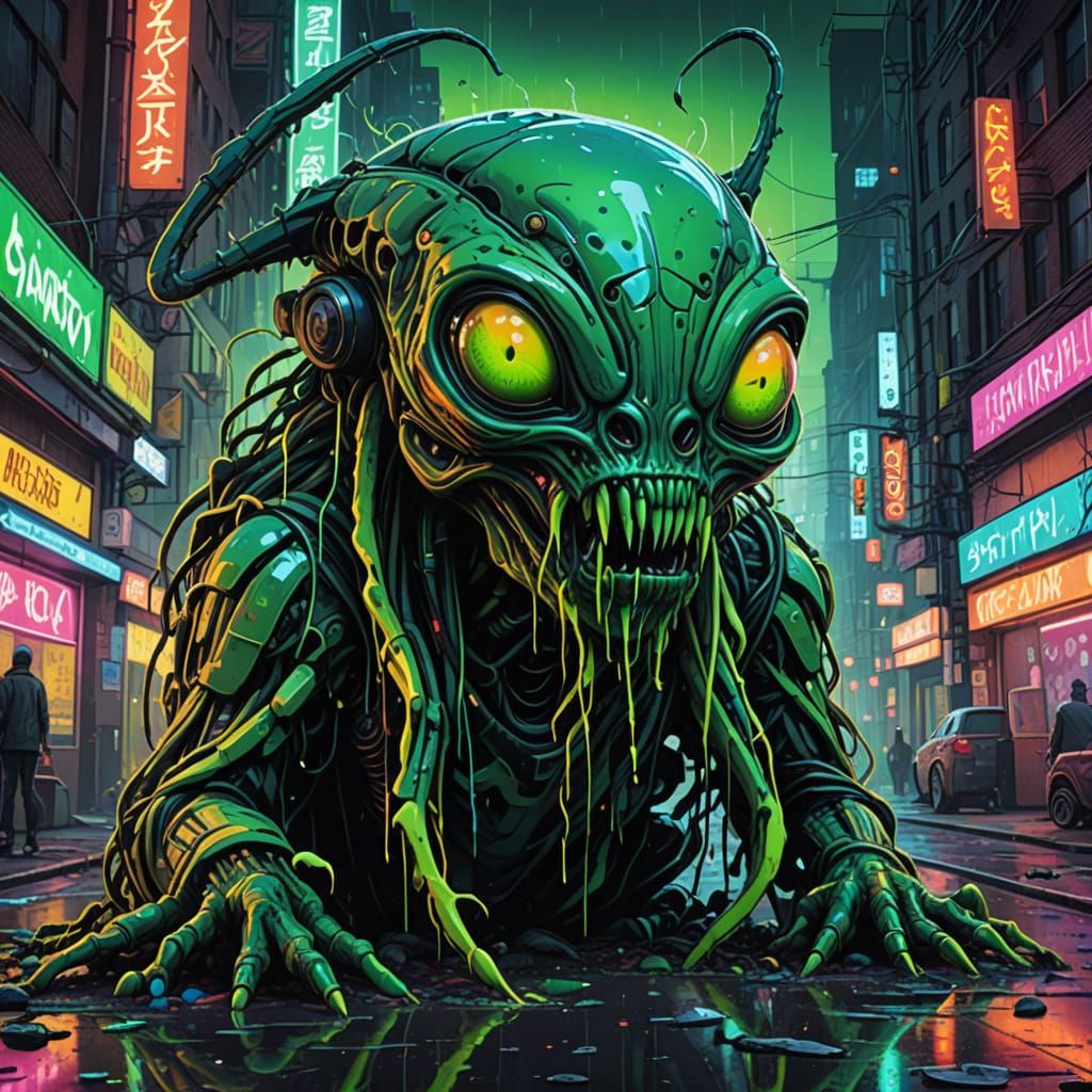 trippy alien green neon colors - Ethereal Green Cityscape in...