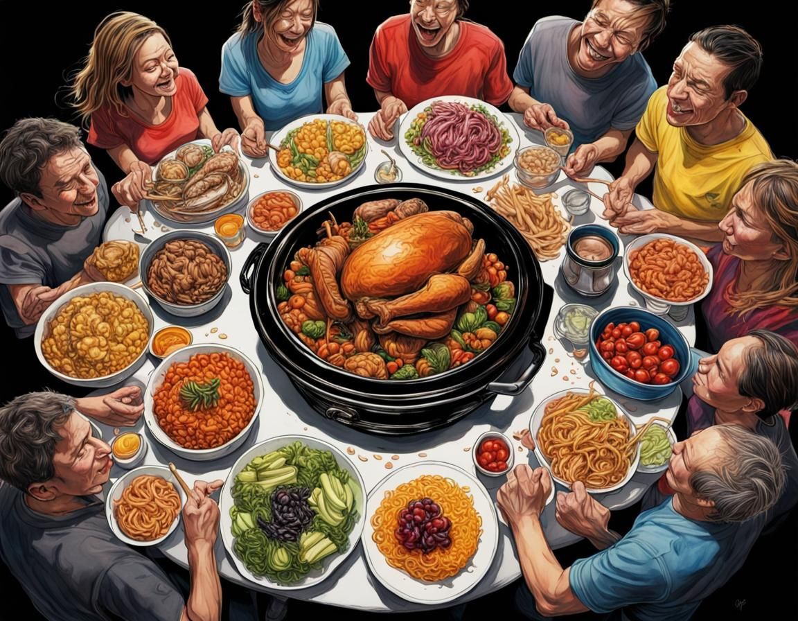 Friends sharing a potluck. - AI Generated Artwork - NightCafe Creator