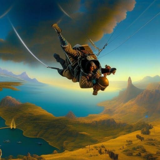 Leonardo da Vinci Skydiving on his flying wings fantastical invention as Icare in sky above the ...