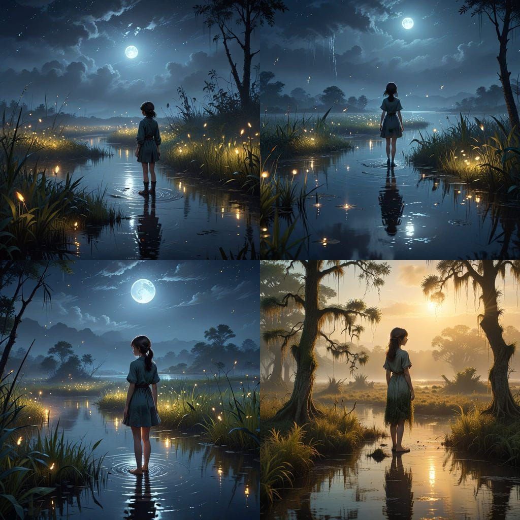 Moonlit Marsh Border in Anime Style - AI Art