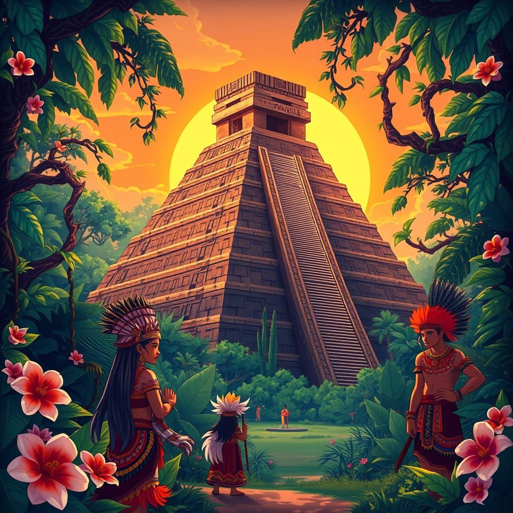 Ancient Aztec Pyramid in Vibrant Anime Style - AI Art