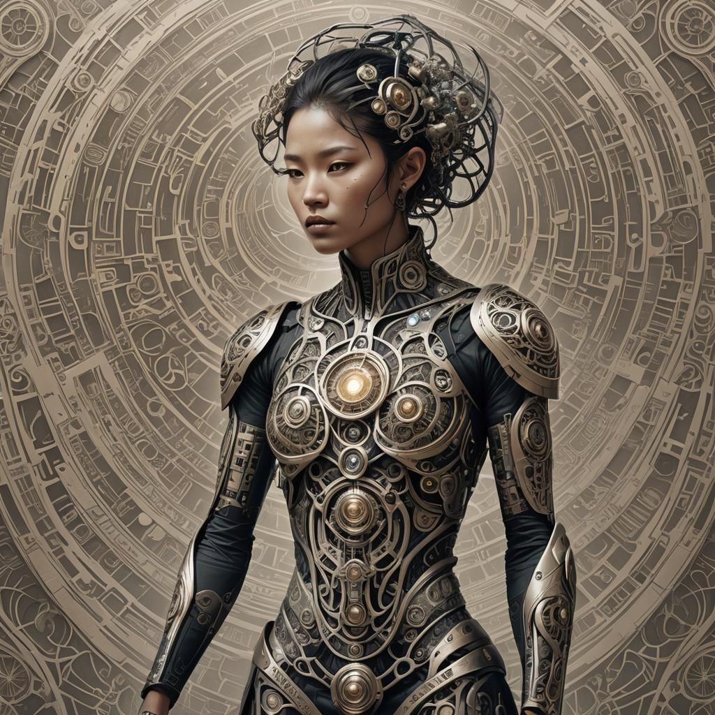 Design a captivating character born from the convergence of ancient ...