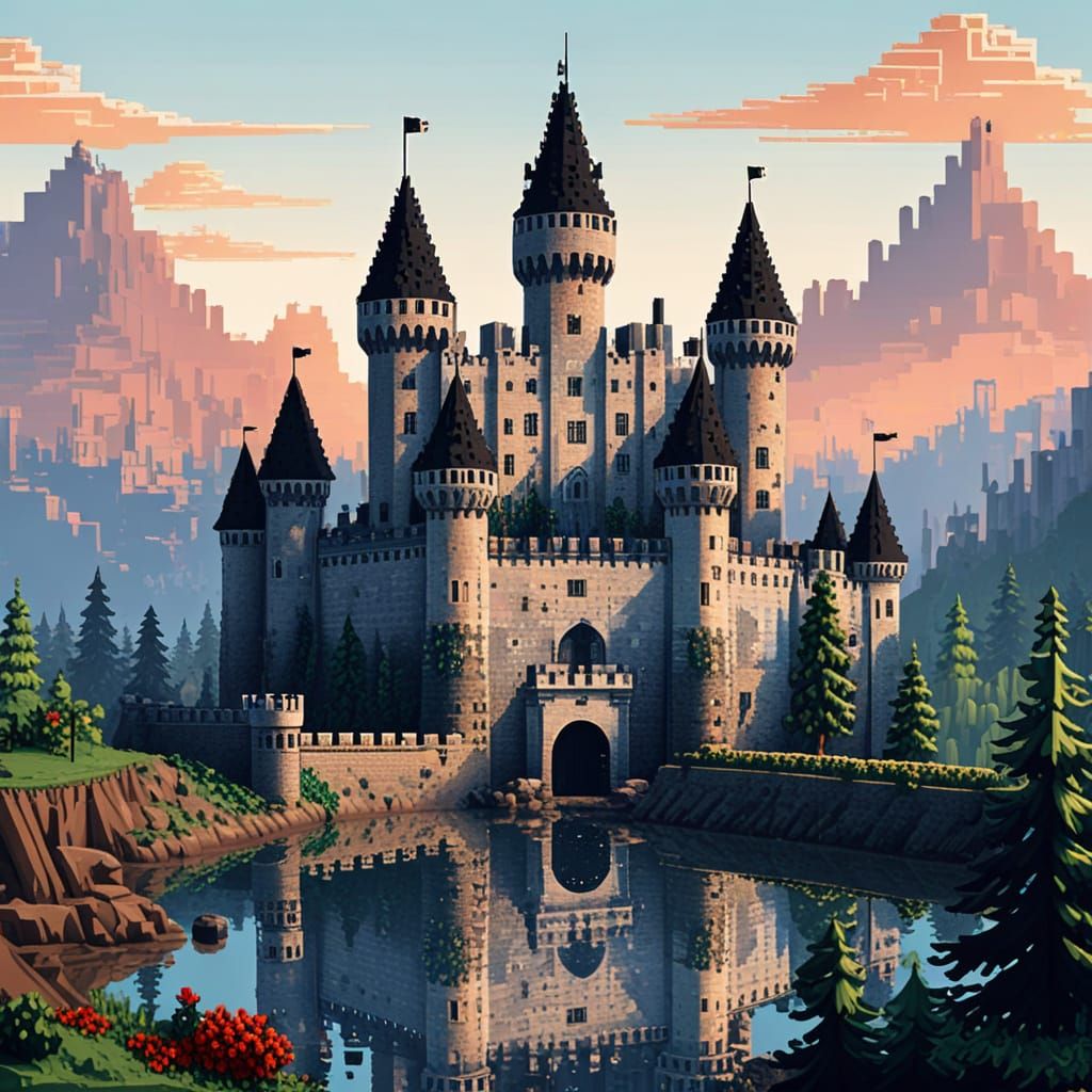 pixel art of a castle on a lake - Pixel Castle on Serene Lak...