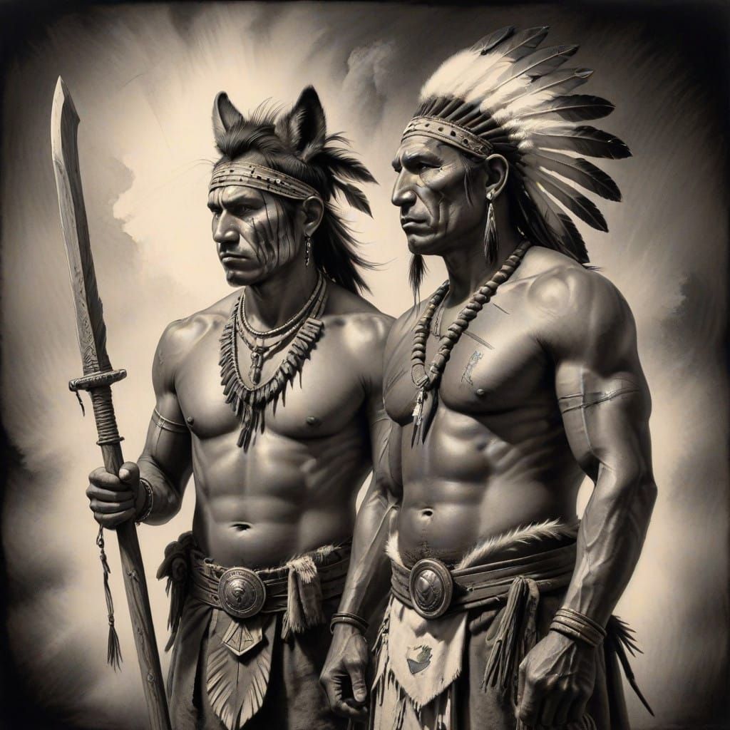 old west image Native American Indians holding tomahawks wearing ...