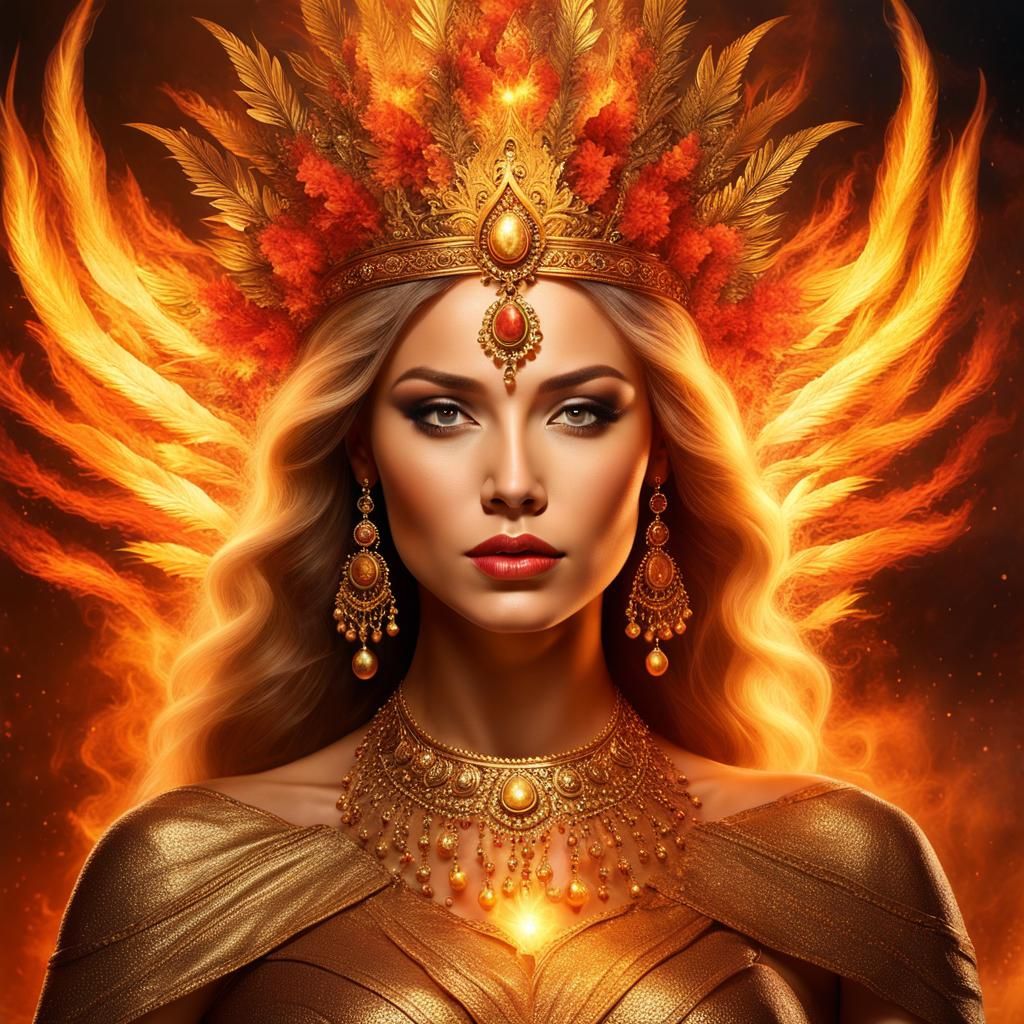 Hyperrealist Goddess of the Flame, majestic deity, embodying the ...
