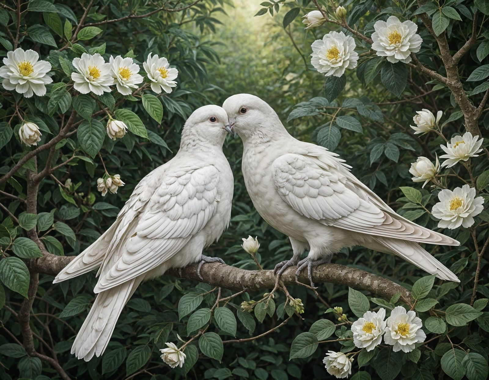 Two doves in love on a tree branch