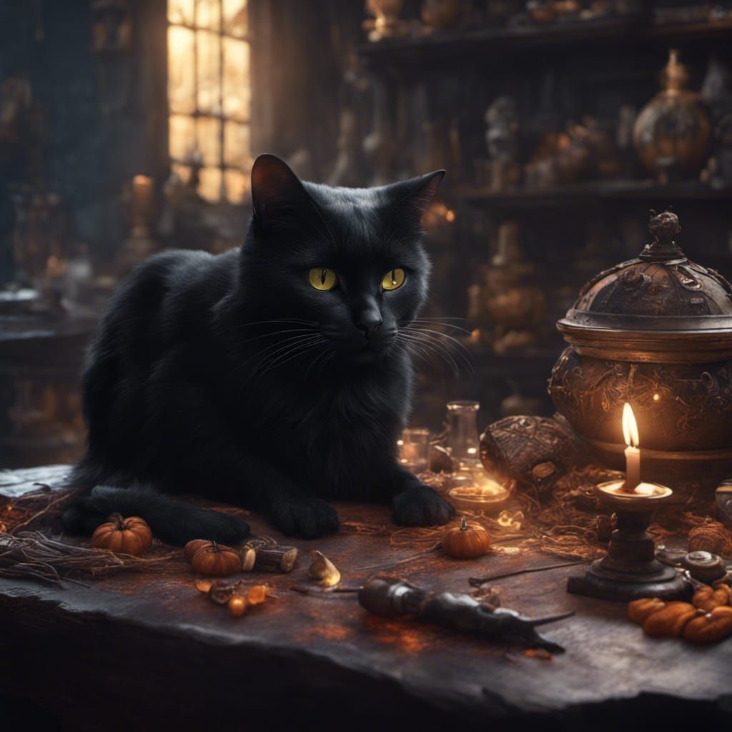 Black cat on a witches table - AI Generated Artwork - NightCafe Creator