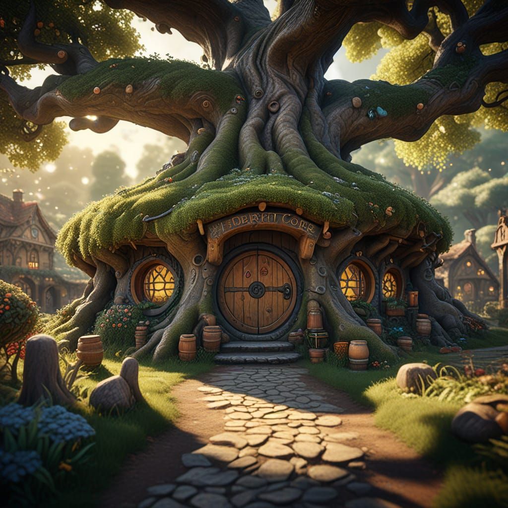 A hobbit's house is an ancient giant oak trees.