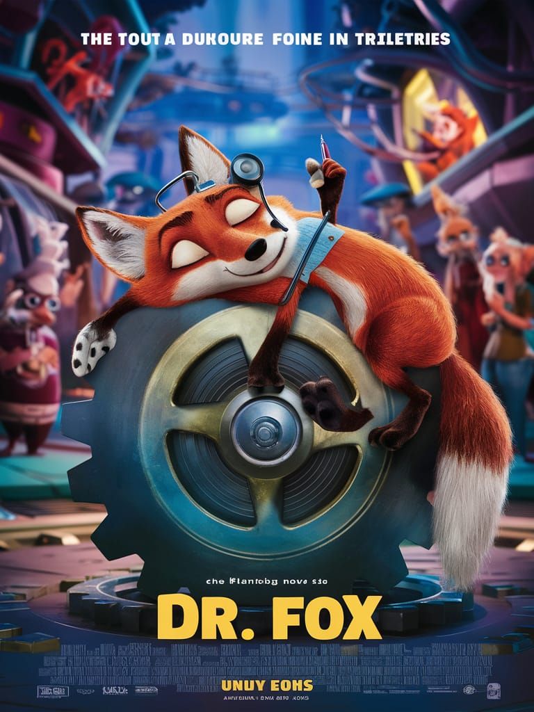 A movie poster, large text "DR FOX - A Nightcafe Movie" of a fox ...