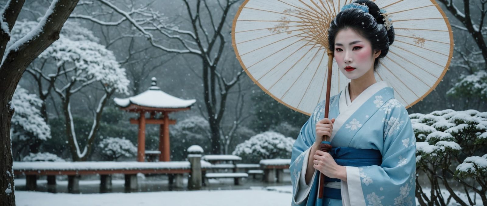 Geisha Walking Through a Snowy Garden - AI Generated Artwork ...