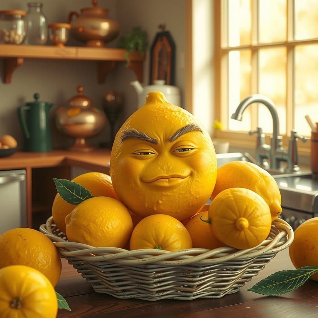 Faces on Fruit - Surreal Lemon Portrait in Warm Kitchen Sett...