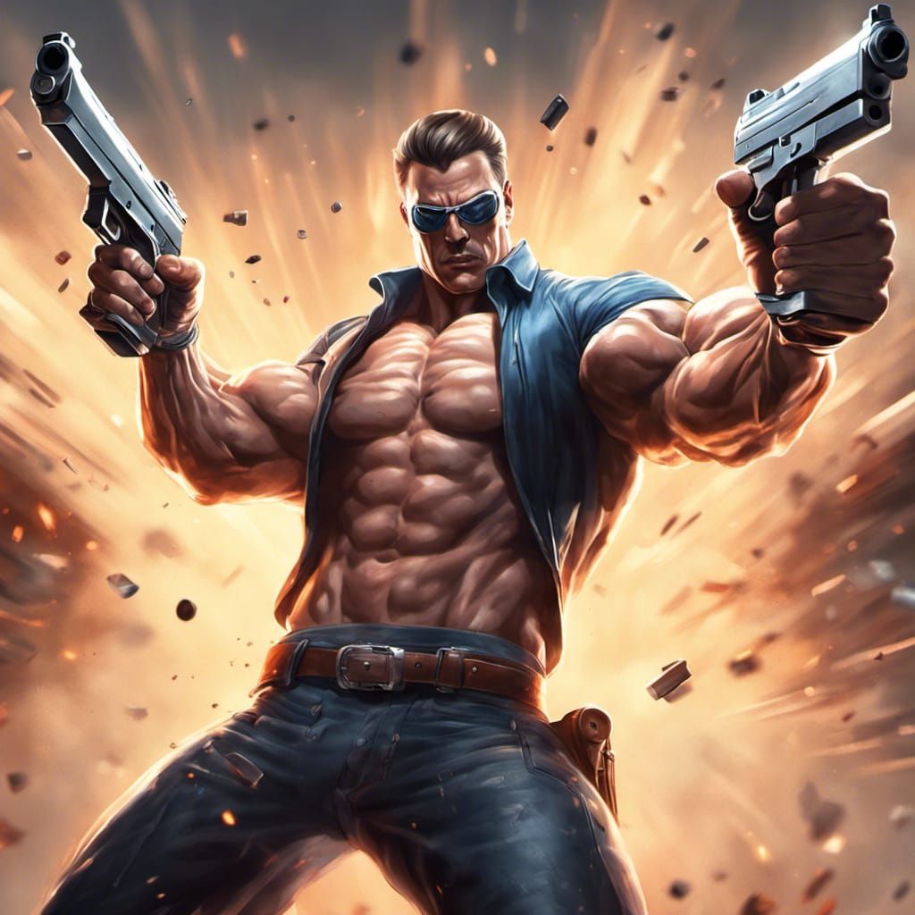 Realistic digital art of a muscular hero firing two pistols - AI ...