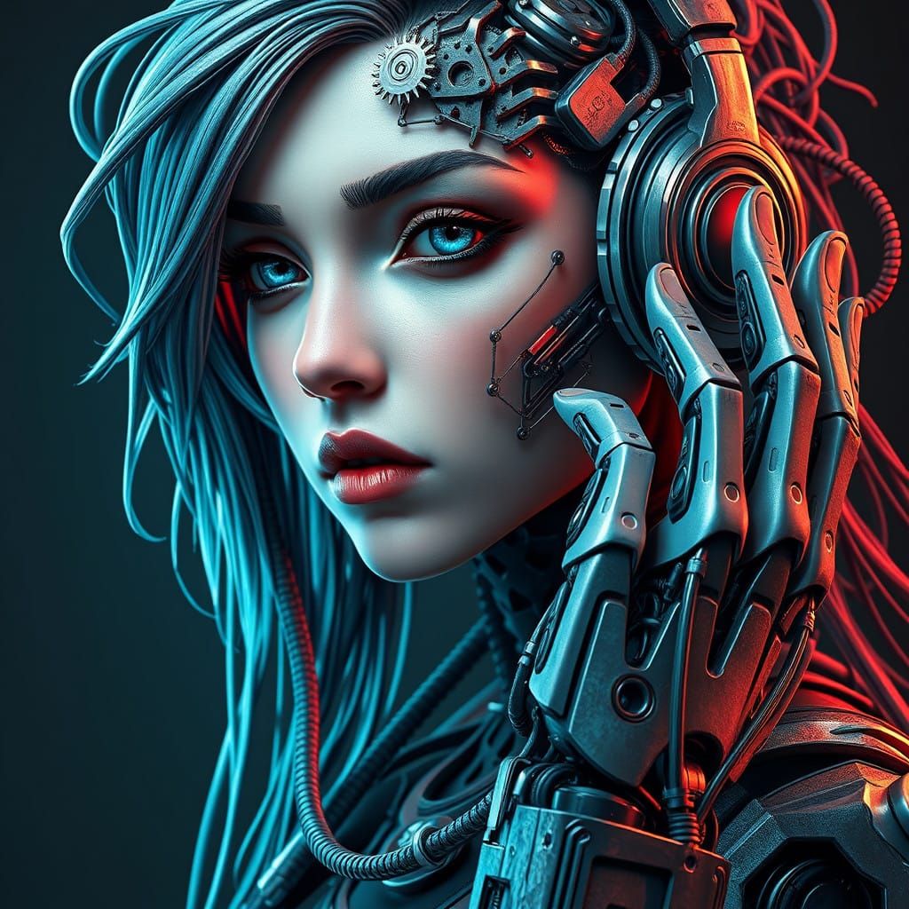 a striking cyberpunk portrait of a futuristic female cyborg. Her face ...