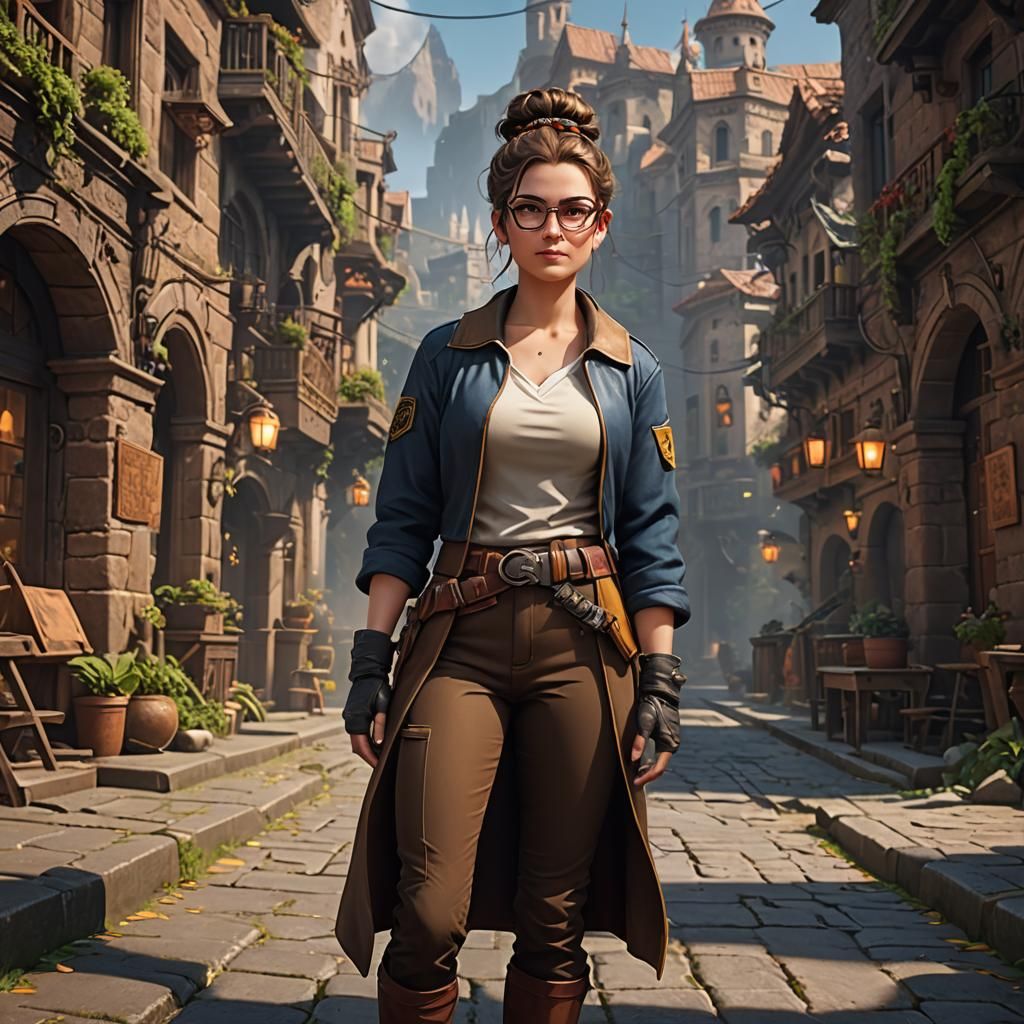 full body, rogue, female, brown hair in a bun, brown eyes, curvy build ...