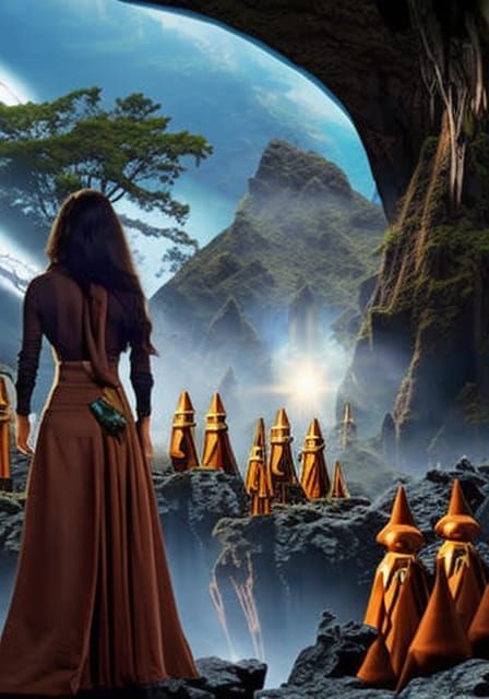 A beautiful brunette fantasy woman explorer stand at the root of a towering cliff surrounded by ...