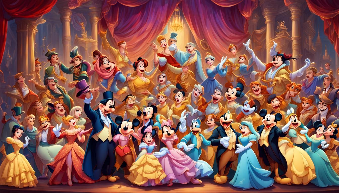 All Disney characters performing grand opera, majestic set, intricate ...