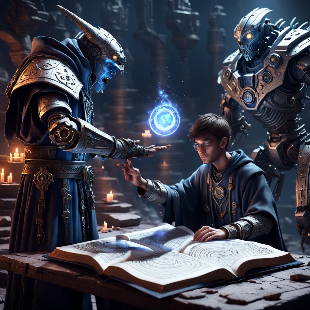 two guys, a sorcerer standing over a magic book next to a student ...