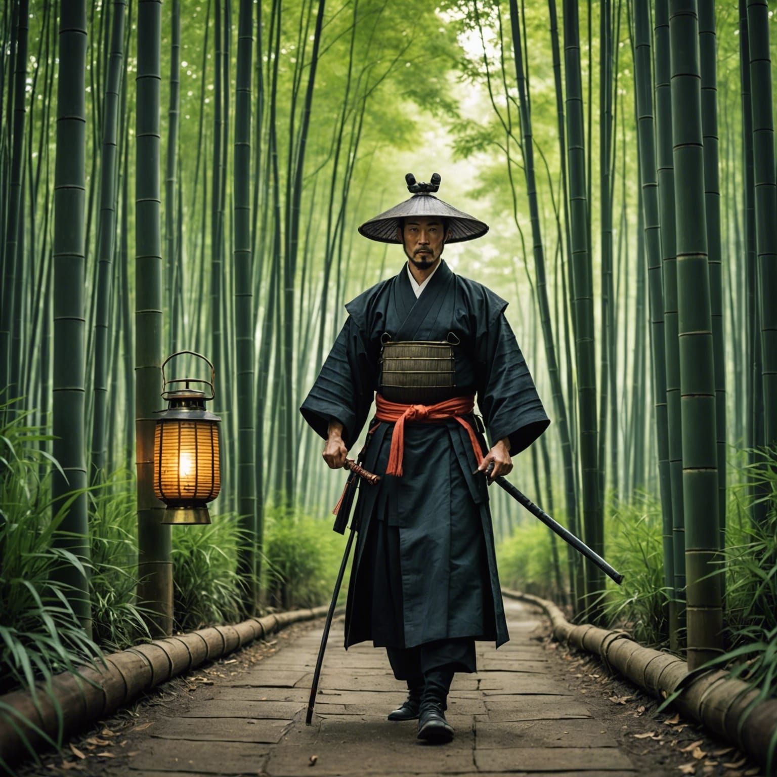 Samurai in a bamboo forest with traditional lantern - AI Generated ...