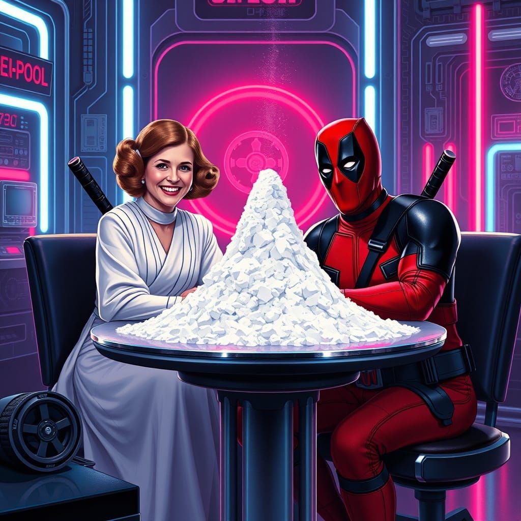 Cyberpunk Princess Leia Smiles with Deadpool Over ... - AI Art