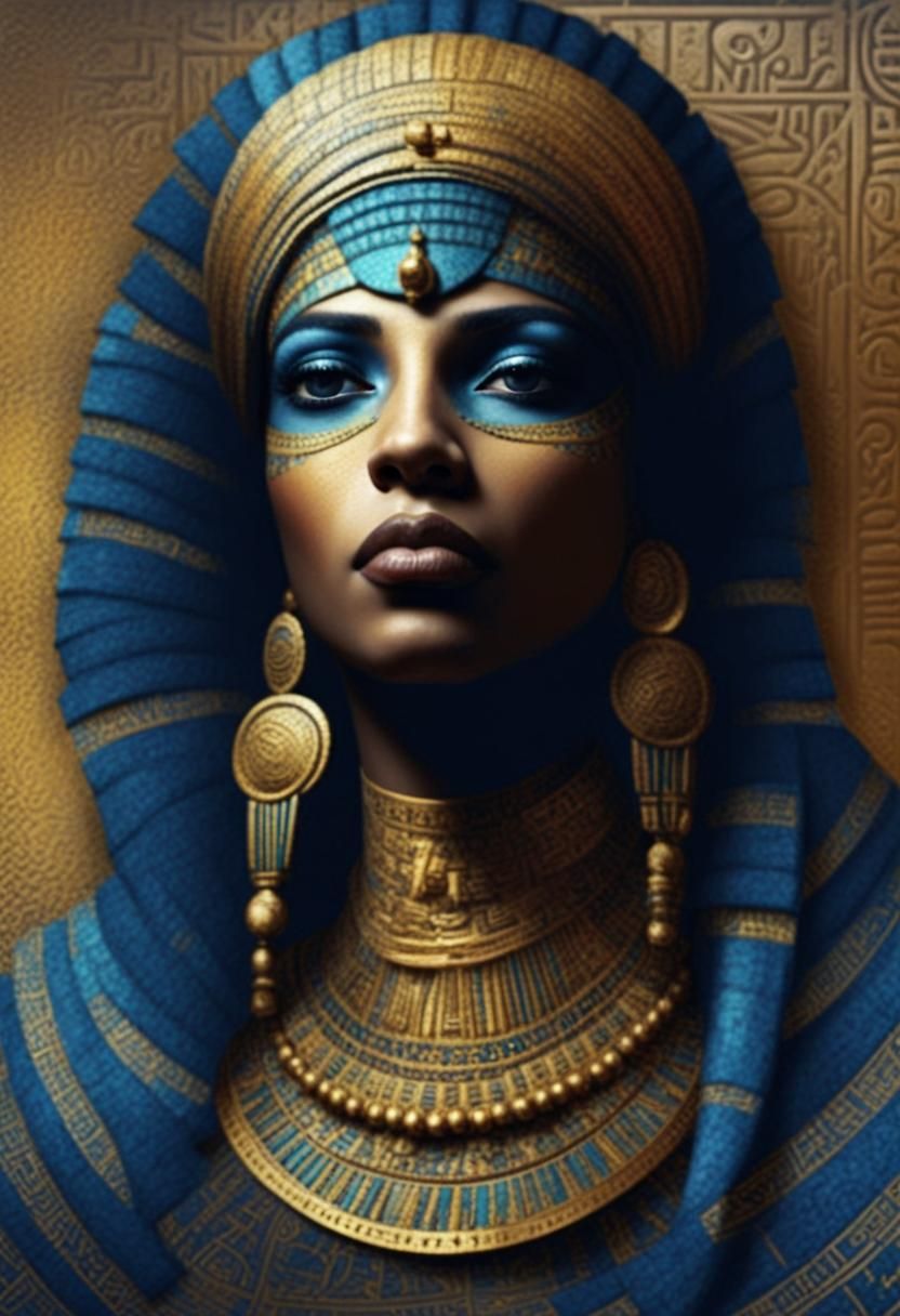 Egyptian style head and shoulders portrait of as a pharaoh, face visible, wearing Tutankhamun ...