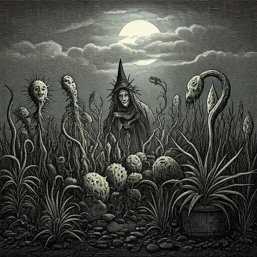 Witch's Garden of Grotesque Plants Under Crescent ... - AI Art