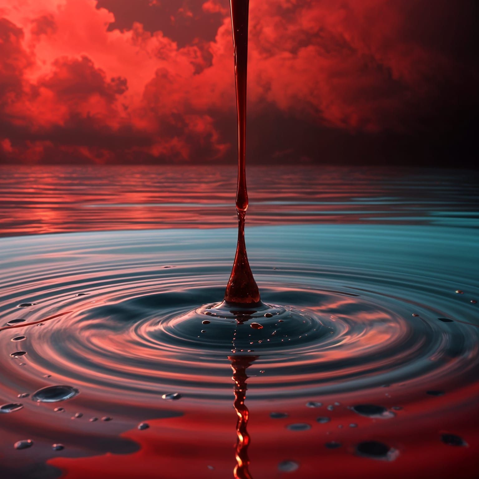 Blood Droplet Falls into Crystal-Clear Ocean in Da... - AI Art