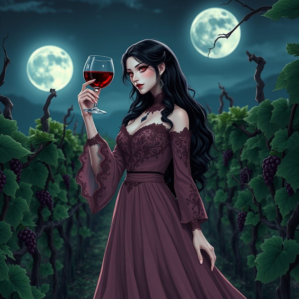 Ethereal Vampire in Moonlit Vineyard - AI Art